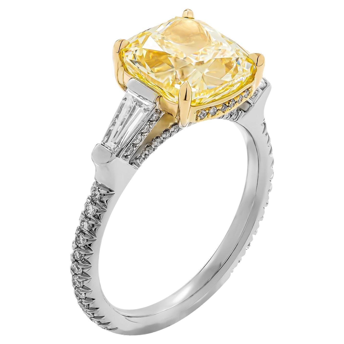 GIA Certified 4.56ct Cushion Fancy Yellow Three-Stone Ring For Sale at ...