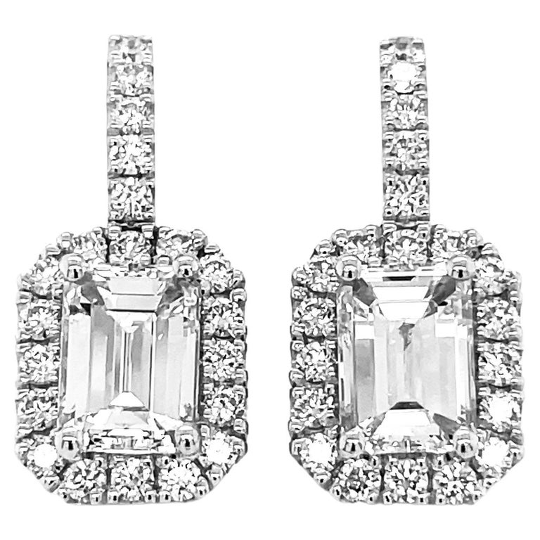 GIA Certified 4.12 Carat Emerald Cut Diamond Halo Lever-Back Earrings For Sale at 1stDibs