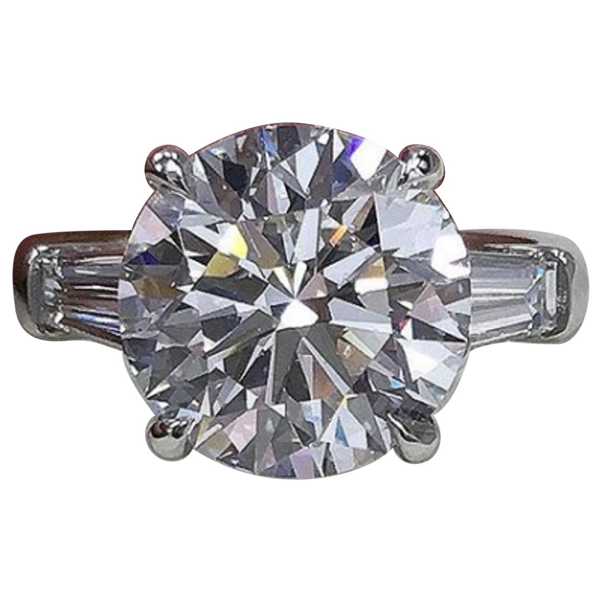GIA Certified 3 Carat Round Brilliant Cut Diamond Tapered Baguette Ring ...