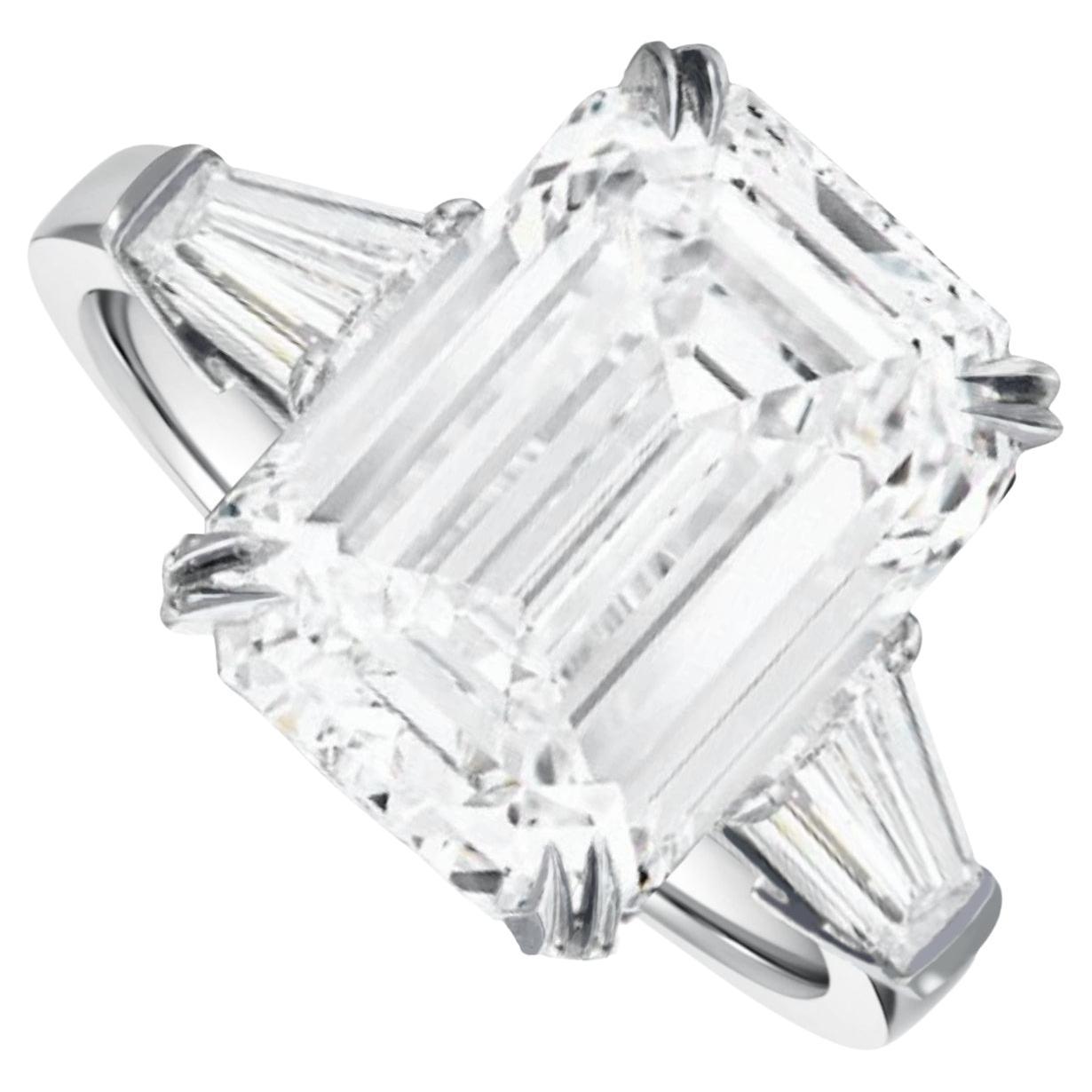 GIA Certified 6.01 Carat Emerald Cut Diamond Ring with Tapered Baguette ...