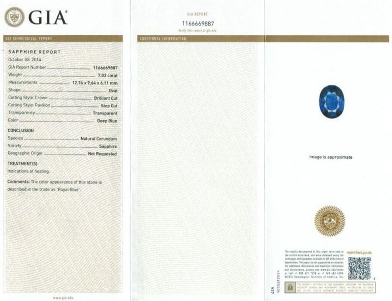 GIA Certified 7.03 Carat Natural Blue Sapphire For Sale at 1stDibs