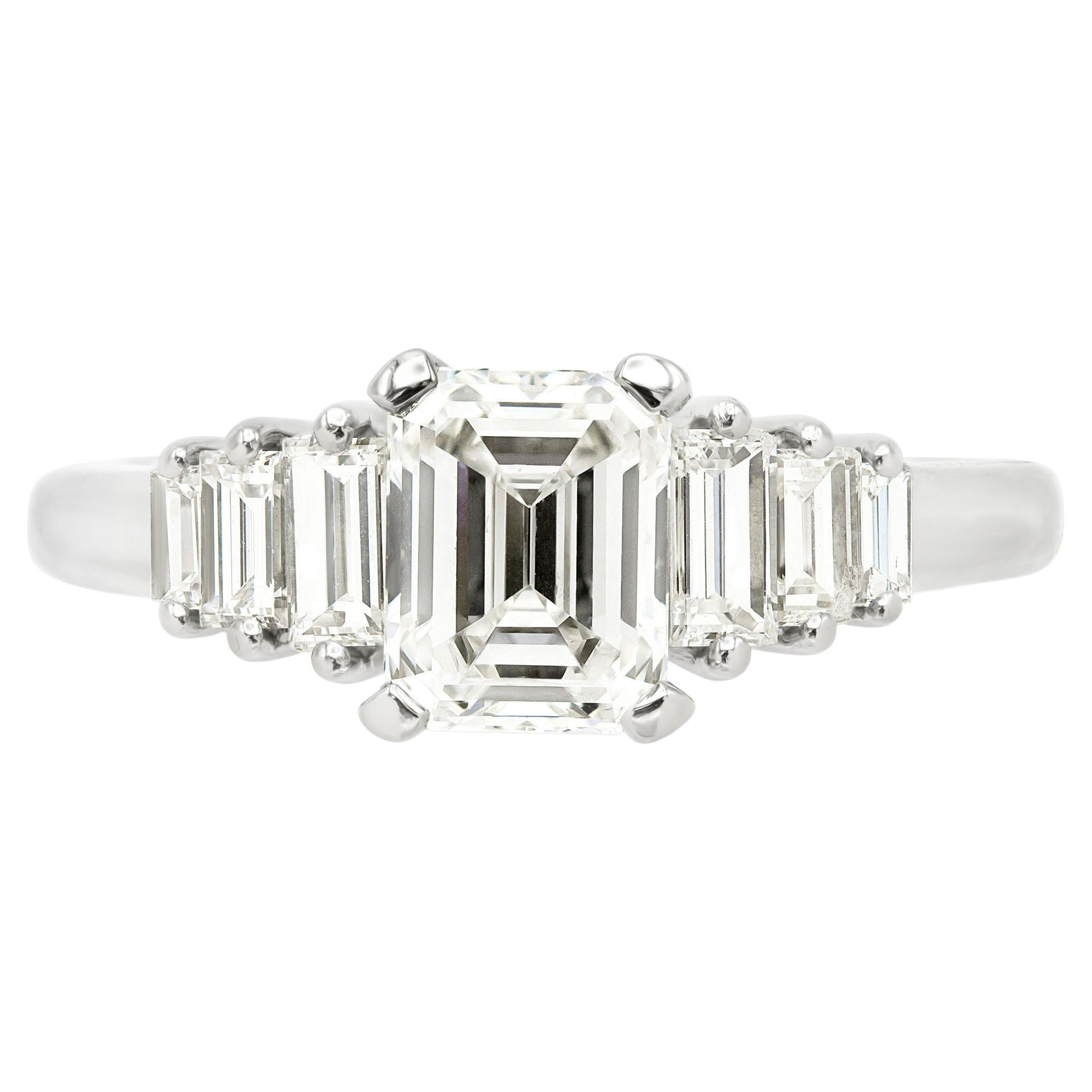 Art Deco Emerald and Step Cut Diamond Engagement Ring 0.85ct at 1stDibs