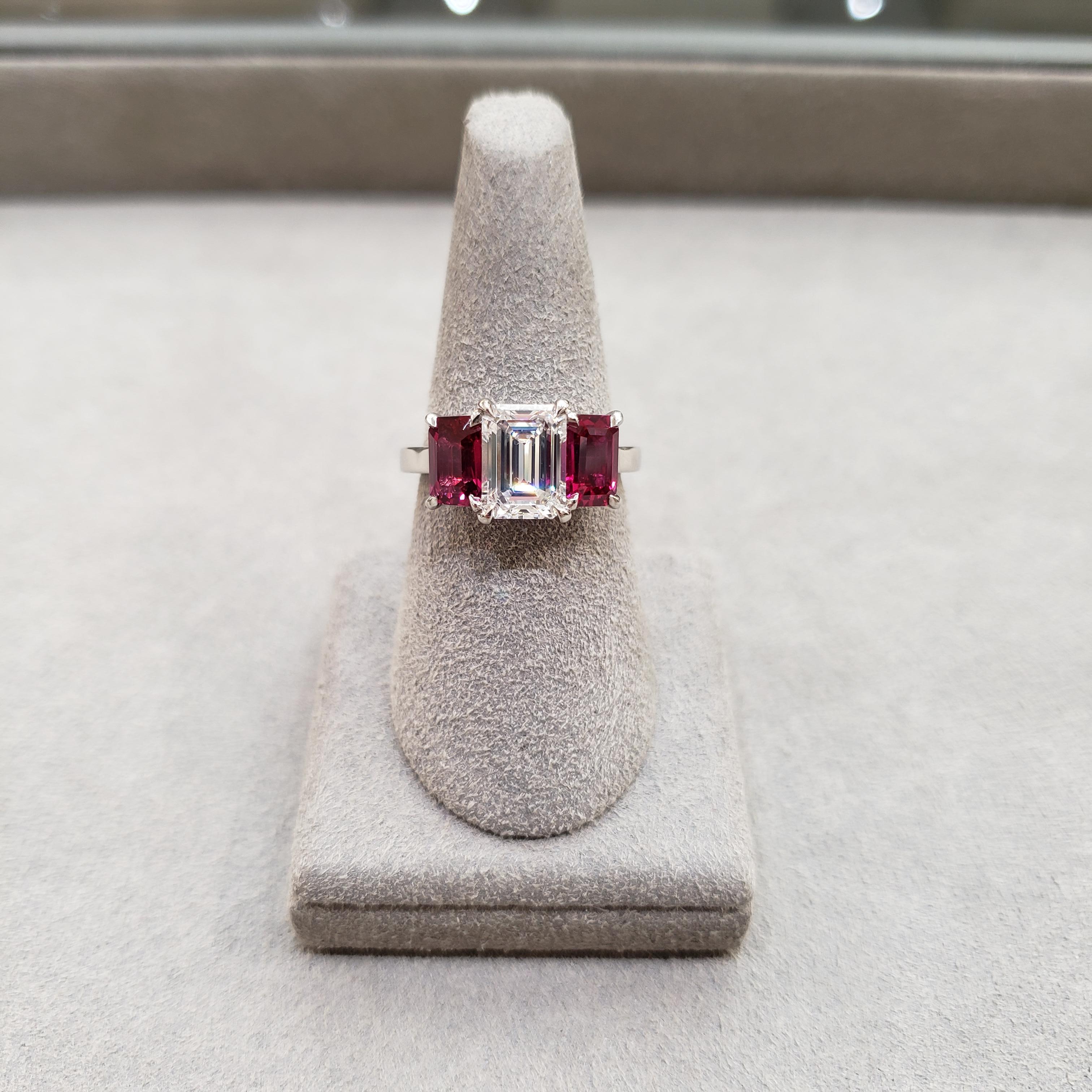 Roman Malakov 1.62 Carats Emerald Cut Diamond and Ruby Three-Stone Engagement Ring For Sale at ...
