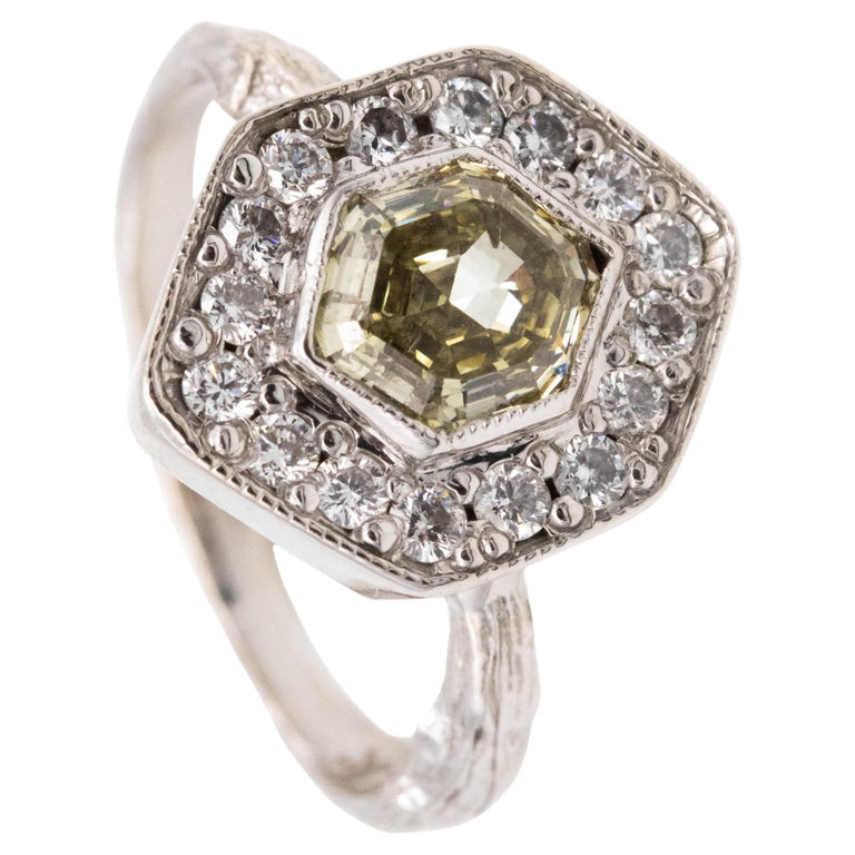 Gia Certified Engagement Ring 18kt Gold 2.05 Cts Hexagonal Green Yellow ...