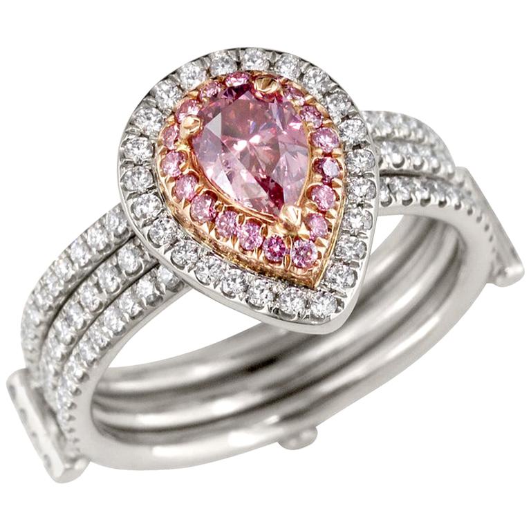 GIA Certified Fancy Intense Purplish Pink Pear Shape Diamond Handmade Ring For Sale at 1stDibs