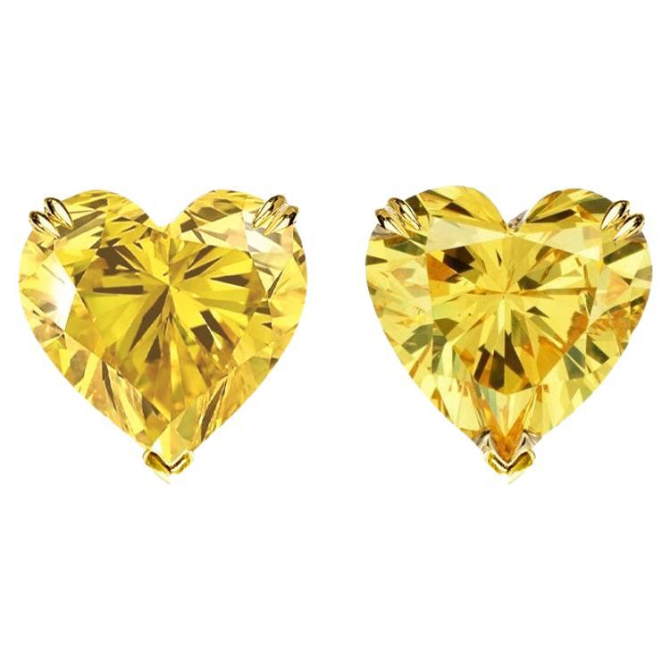 GIA Certified Halo Stud Earrings with Fancy Yellow Heart Shape Diamonds ...