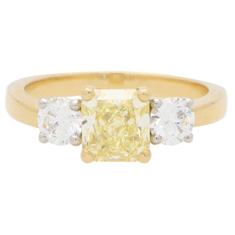GIA Certified Fancy Yellow Diamond Three Stone Engagement Ring in 18k Gold at 1stDibs