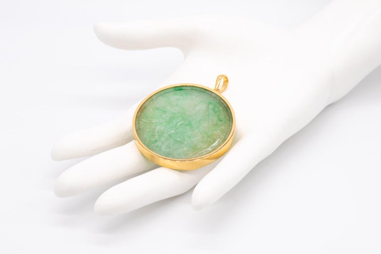 GIA Certified Jadeite Green Jade Pendant in 18Kt Yellow Gold 102.27 Cts ...