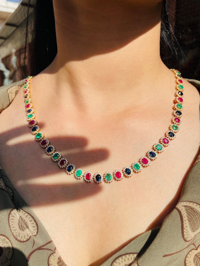 Certified Multi Gemstone Wedding Necklace with Diamonds in 18K Yellow ...