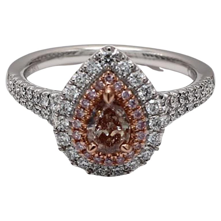 GIA Certified Natural .46 Carat Pink Pear-Shape and White Diamond Platinum Ring For Sale at 1stDibs