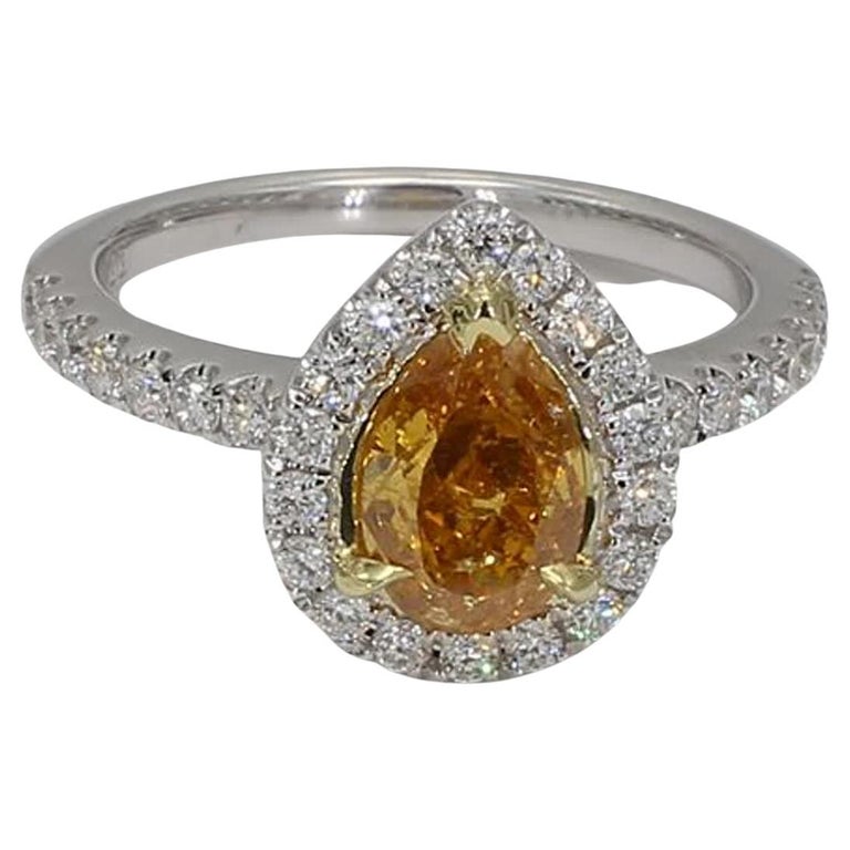 GIA Certified Natural Orange Pear and White Diamond 1.44 Carat TW Gold ...