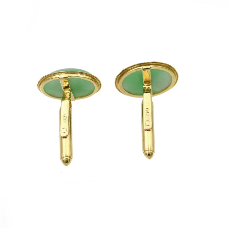 GIA Certified Natural Oval Green Jadeite Jade Yellow Gold Cufflinks For ...