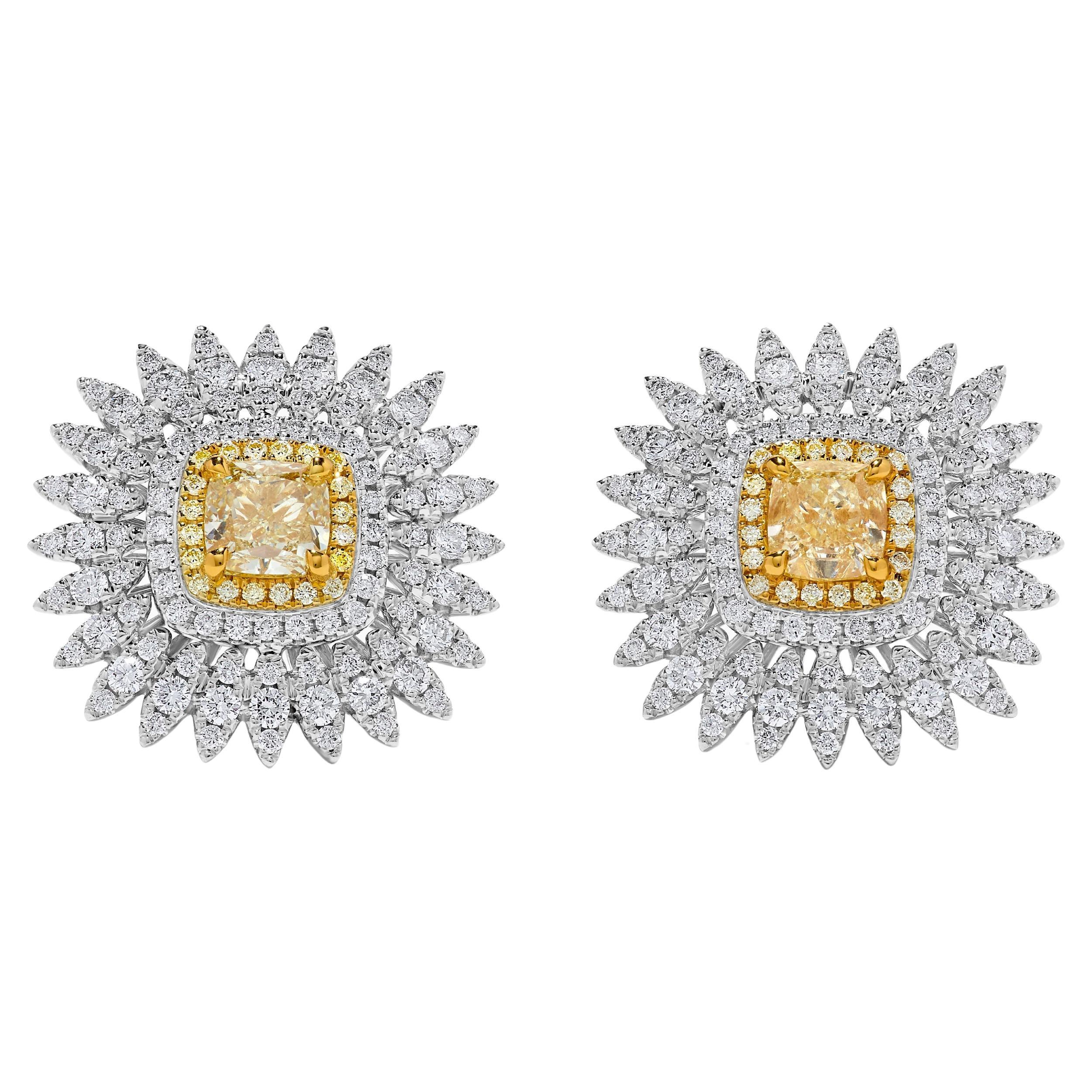 GIA Certified Natural Yellow Cushion Diamond 3.65 Carat TW Gold Stud ...
