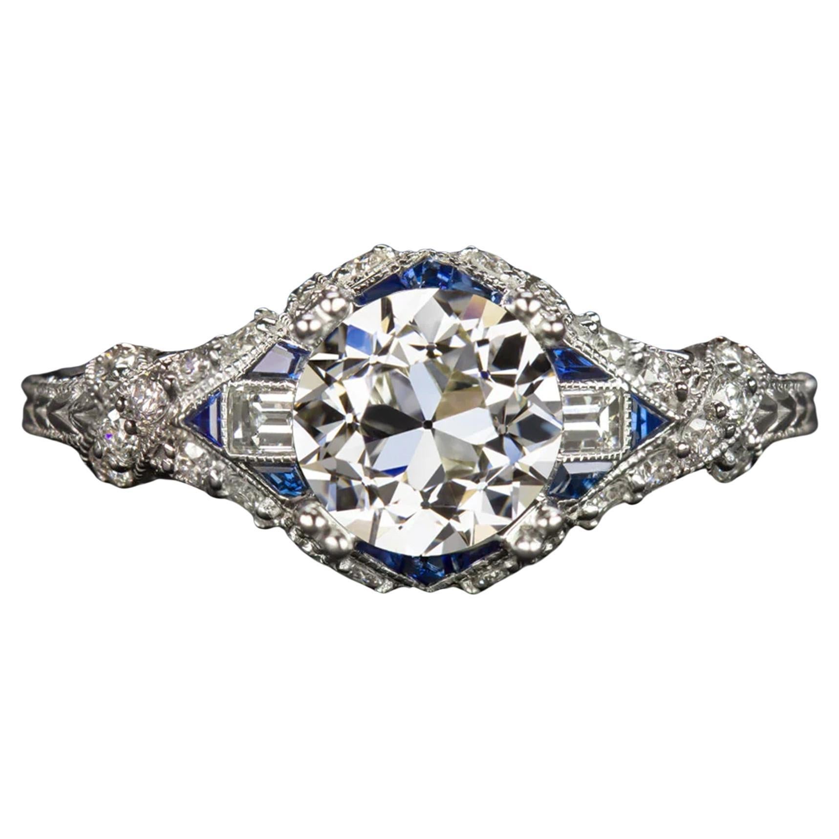 GIA Certified Old European Diamond Sapphire Ring For Sale at 1stDibs