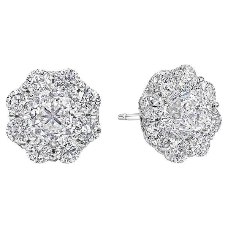 GIA Certified 2.00 Carat Total Round Brilliant Diamond Cluster Stud ...