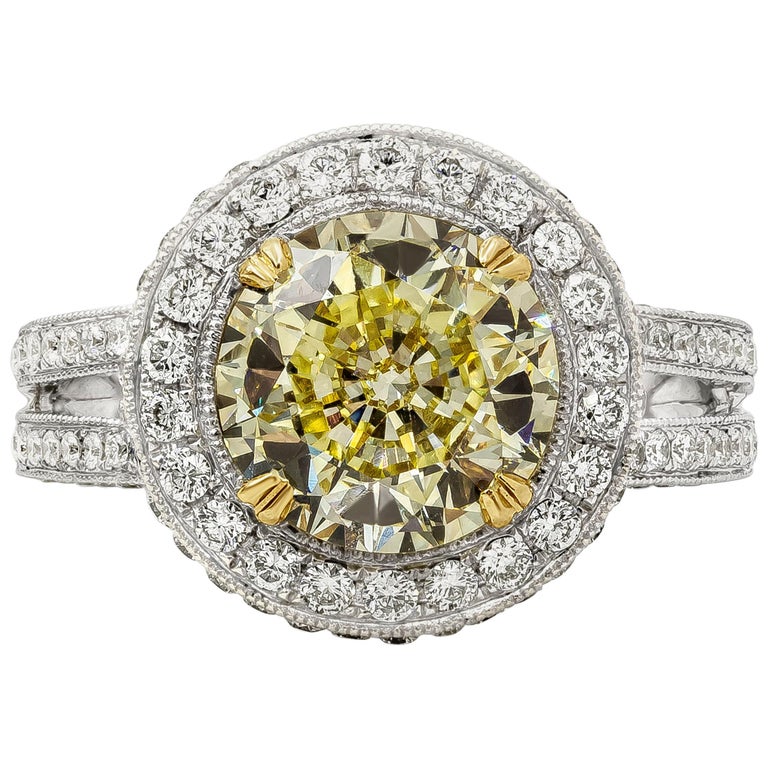 GIA Certified Round Yellow Diamond Halo Vintage-Style Engagement Ring ...