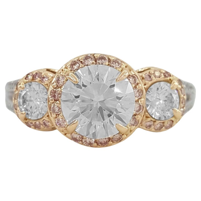 GIA Certified Three Stone Round Diamond 18 Carat Pink Diamond Ring For ...