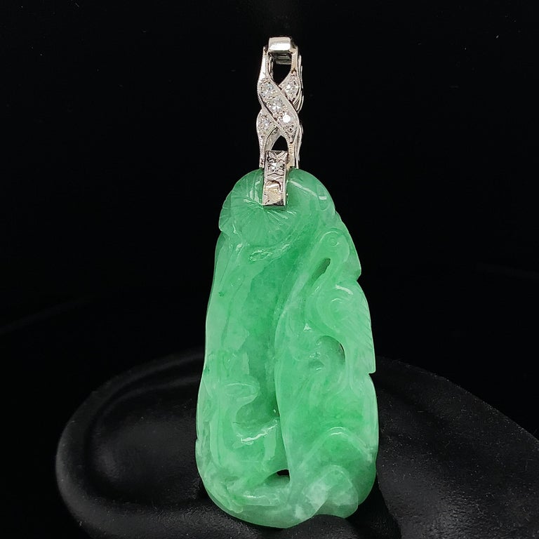 GIA-Certified Type A Jadeite Jade Crane and Deer Pendant with Platinum ...