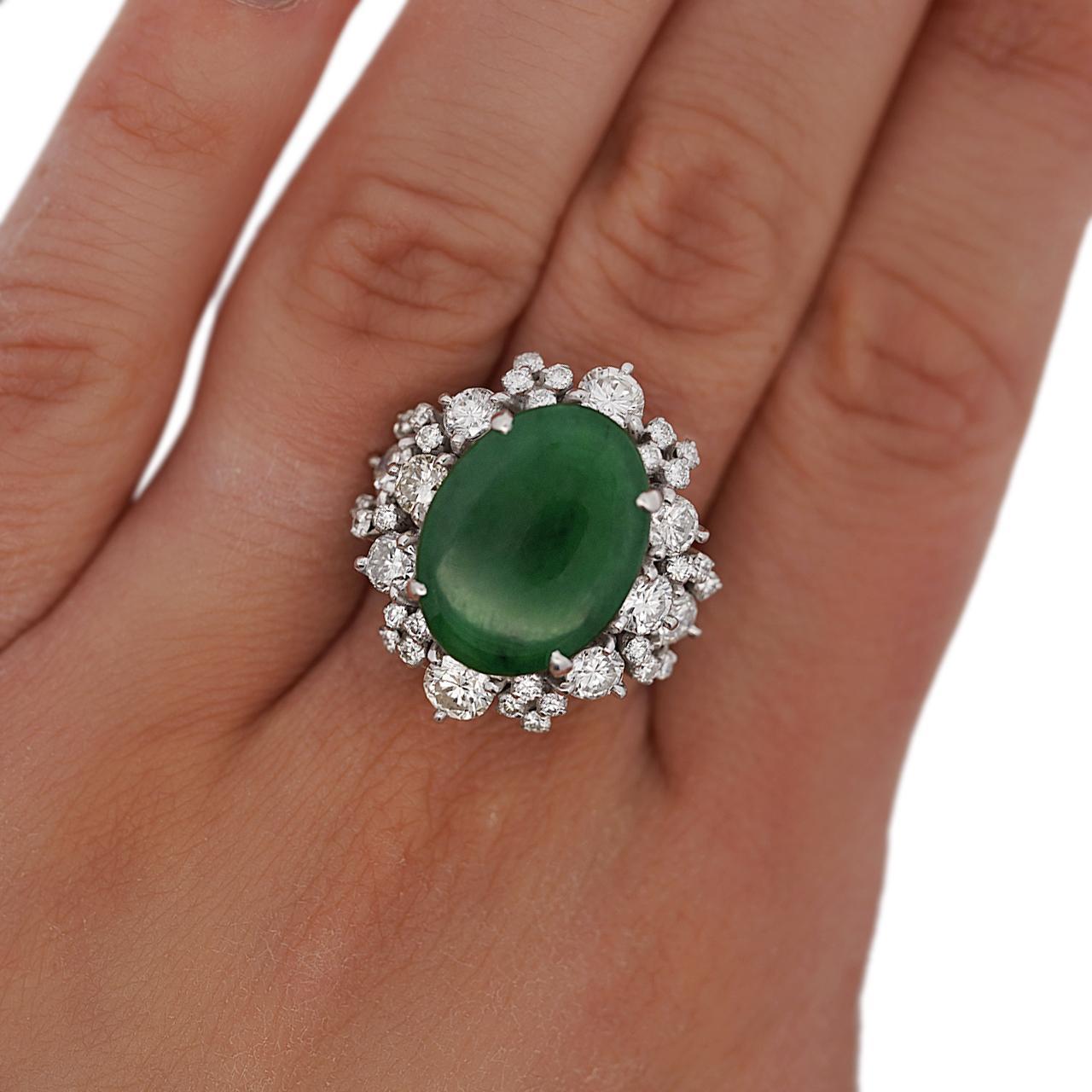 GIA Certified Type A Jadeite Jade and Old Cut Diamond 18K Gold Halo ...