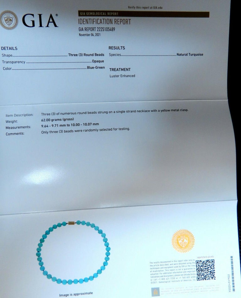 GIA Certified Vintage Natural Fine Turquoise Bead Necklace 18kt at 1stDibs