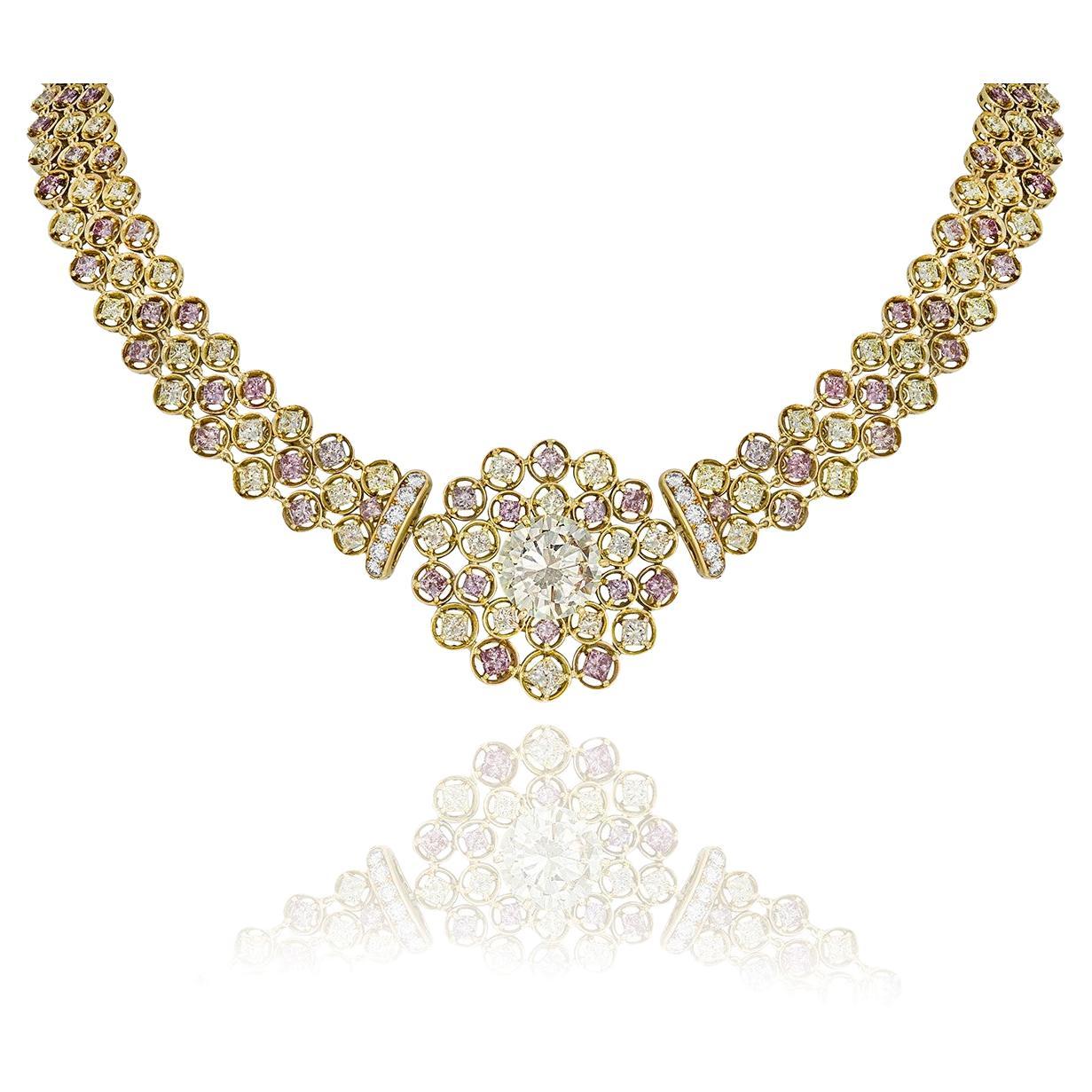 GIA Certified Yellow Gold Yellow and Pink Diamond Necklace 8.07ct U-V ...