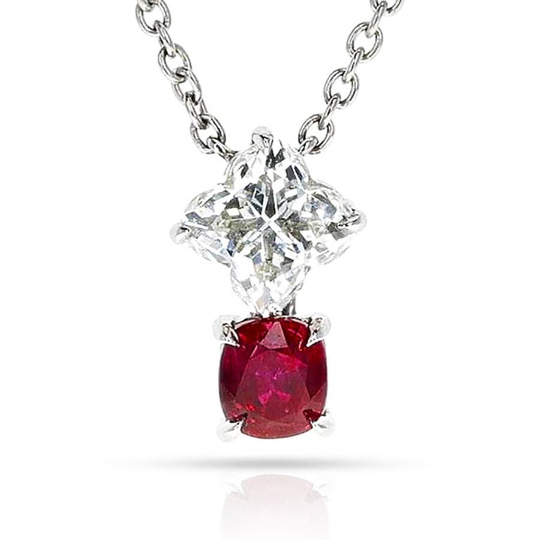 GIA Clover Shape Diamond and Oval Ruby Pendant Necklace, Platinum For ...