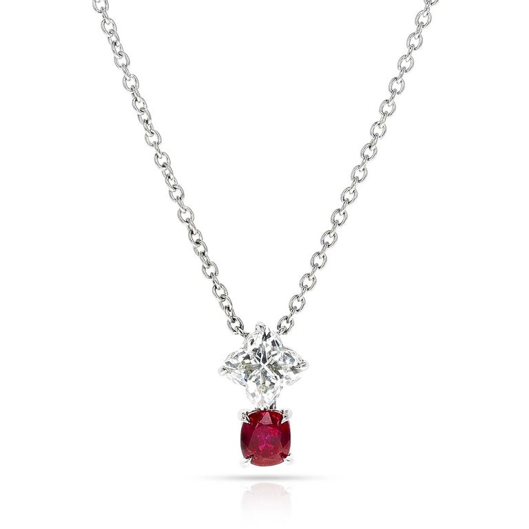 GIA Clover Shape Diamond and Oval Ruby Pendant Necklace, Platinum For ...