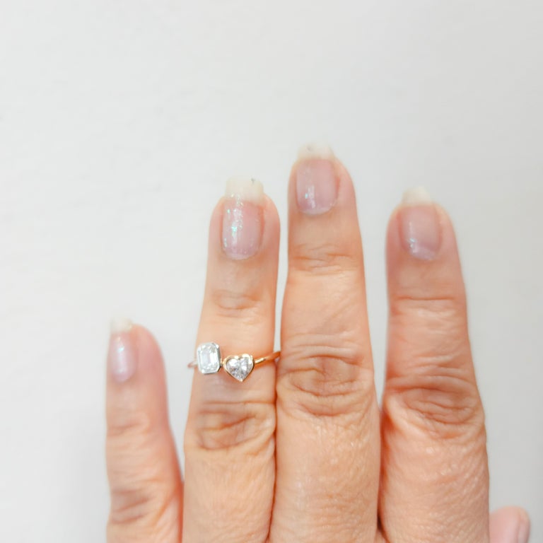 GIA Faint Pink Heart and White Diamond Emerald Cut Moi Et Toi Ring For ...