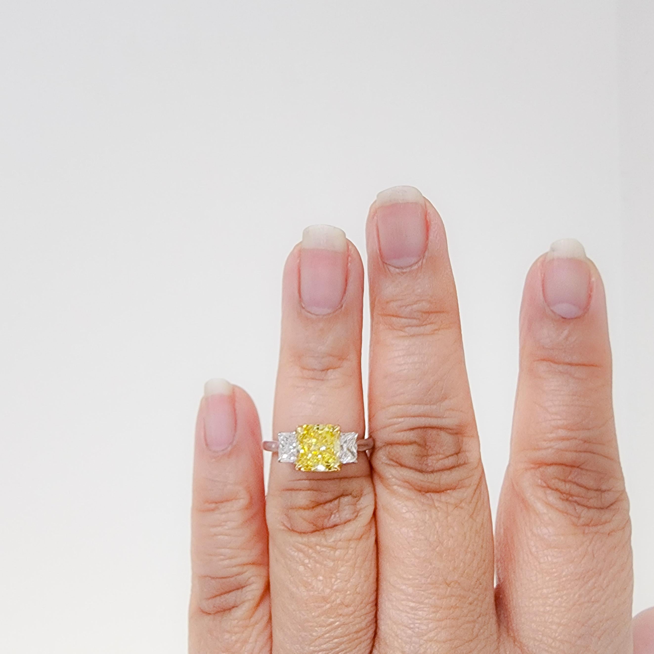 GIA Fancy Vivid Yellow Radiant and White Diamond Ring For Sale at 1stDibs