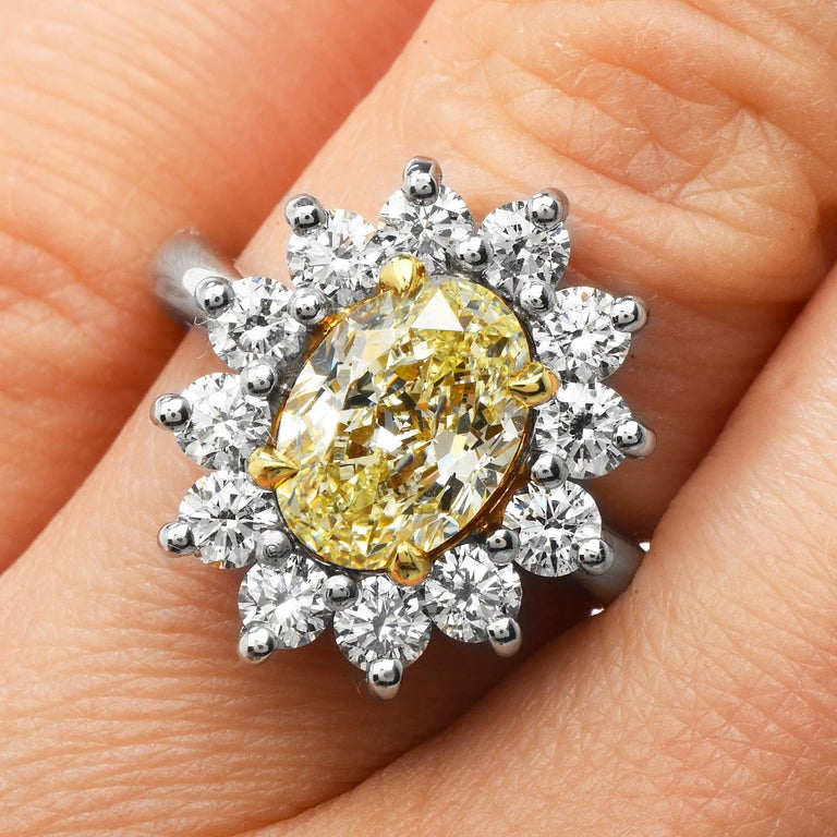 GIA Natural Fancy Yellow Diamond Platinum 18K Gold Flower Cocktail Ri ...