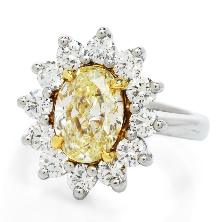 GIA Natural Fancy Yellow Diamond Platinum 18K Gold Flower Cocktail Ri ...