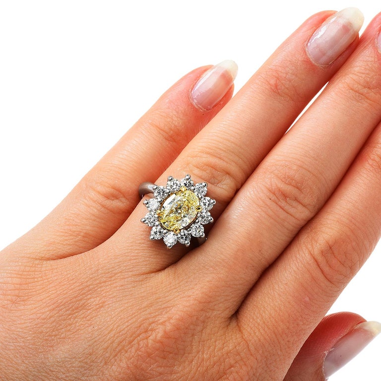 GIA Natural Fancy Yellow Diamond Platinum 18K Gold Flower Cocktail Ri ...