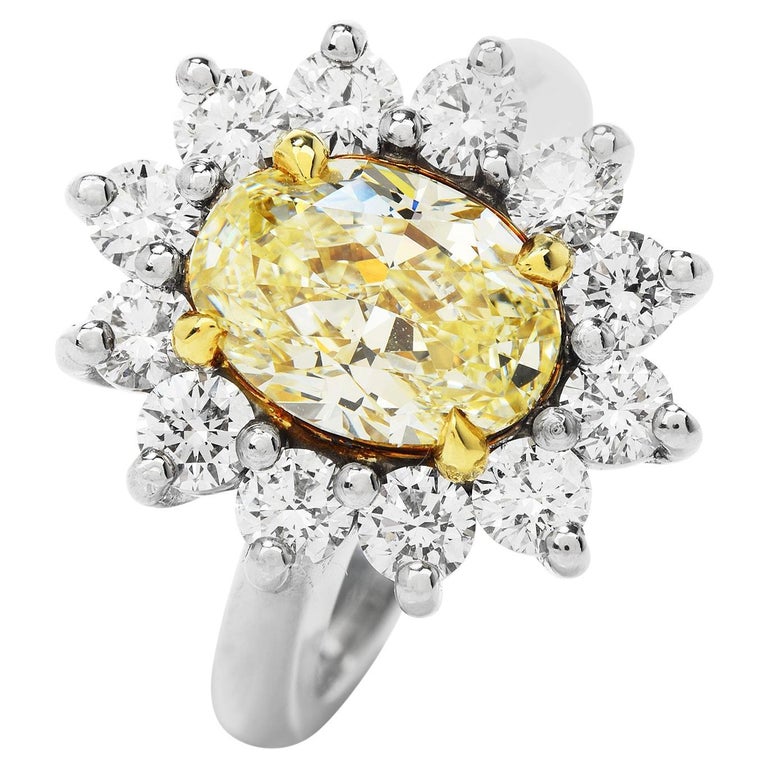 GIA Natural Fancy Yellow Diamond Platinum 18K Gold Flower Cocktail Ri ...