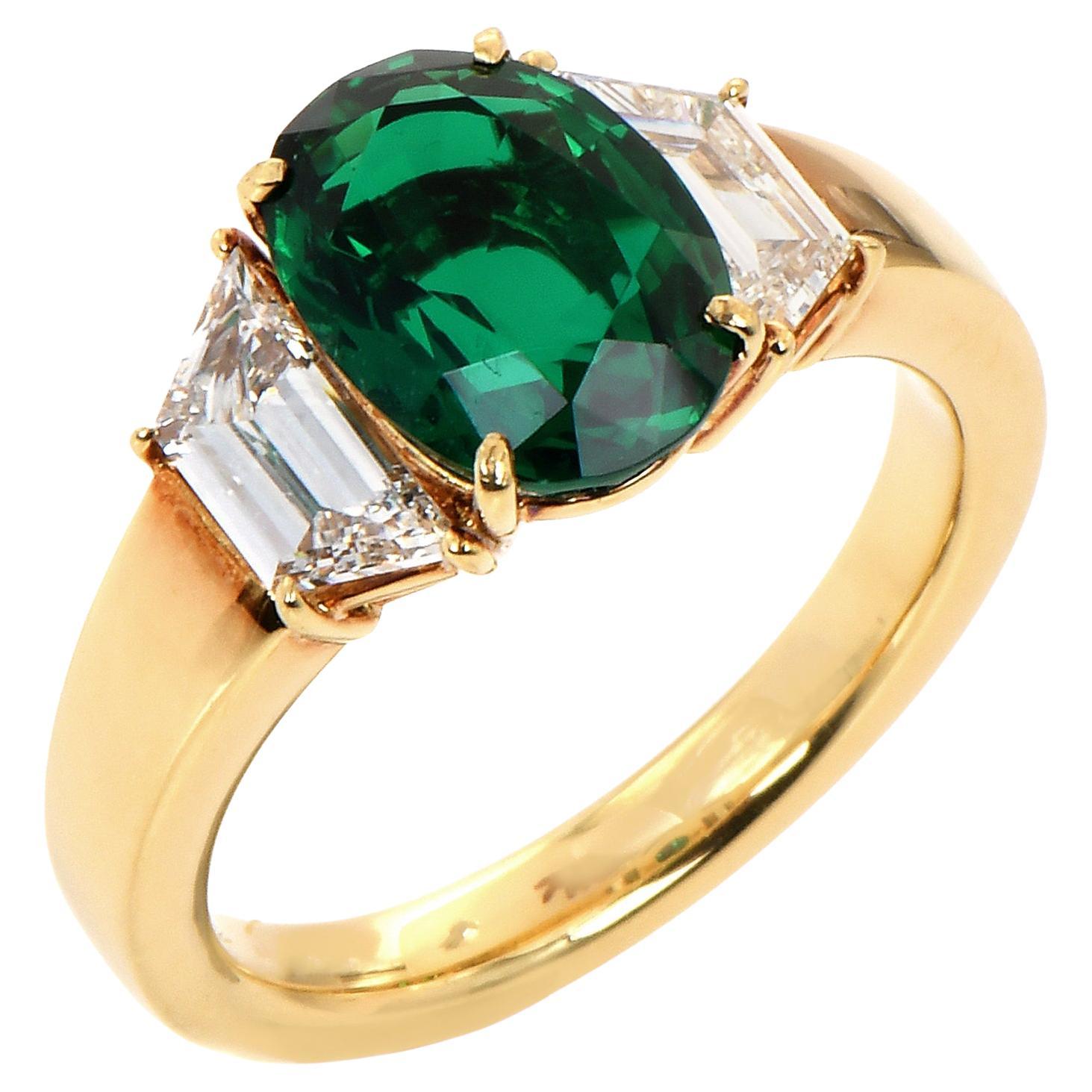 GIA Natural No Oil Deep Green Emerald Trapeze Diamond 18k Ring For Sale ...