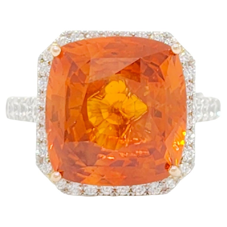 GIA Orange Sapphire Cushion and White Diamond Cocktail Ring in Platinum ...