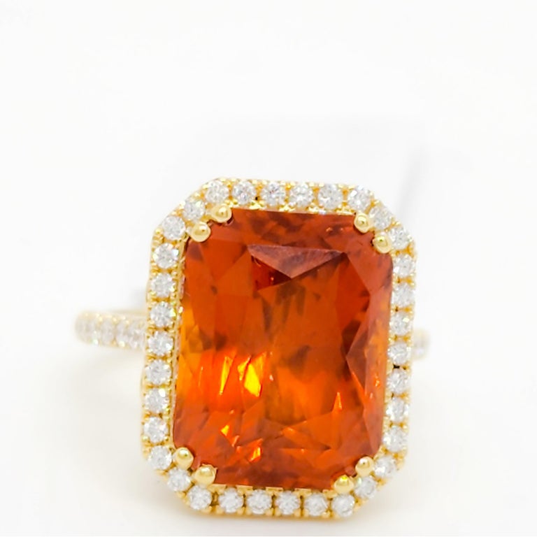 GIA Orange Sapphire Emerald Cut and Diamond Cocktail Ring in 18k Yellow ...