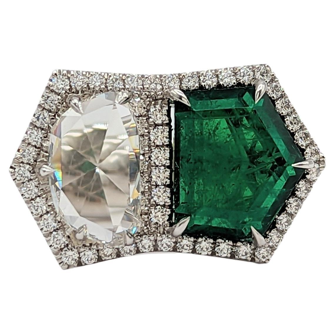 GIA Pentagon Emerald and White Diamond Rosecut Cocktail Ring in ...