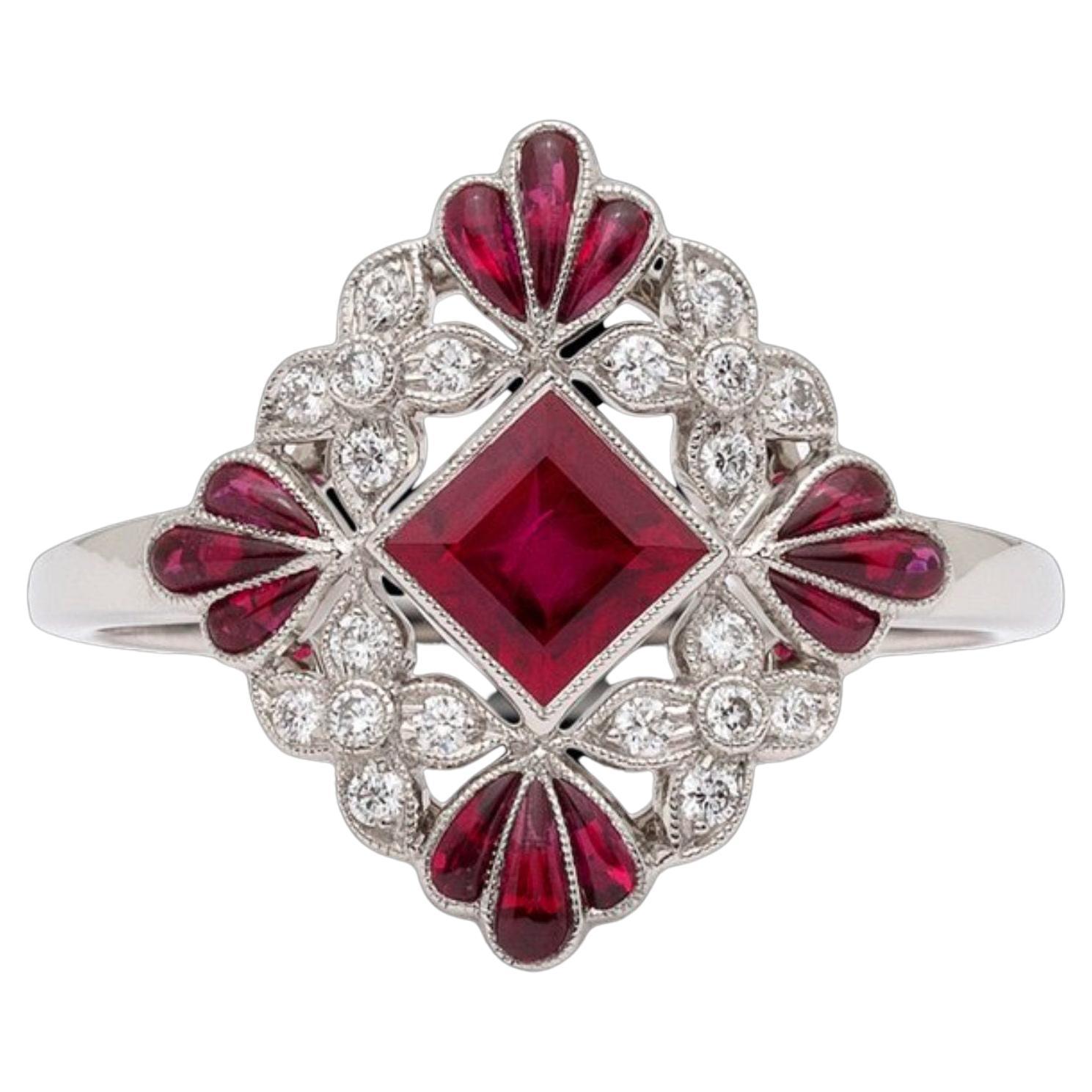 Triangle Cut Diamond and Ruby Platinum Art Deco Engagement Ring at 1stDibs