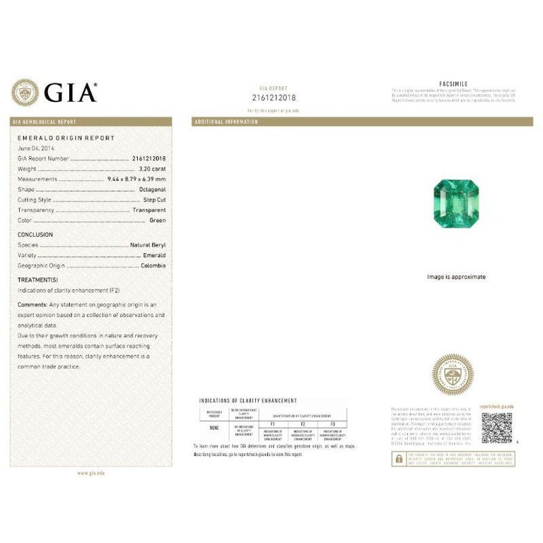 Gia Report Certified 3.20 Ct. Colombian Emerald and Diamond Platinum ...