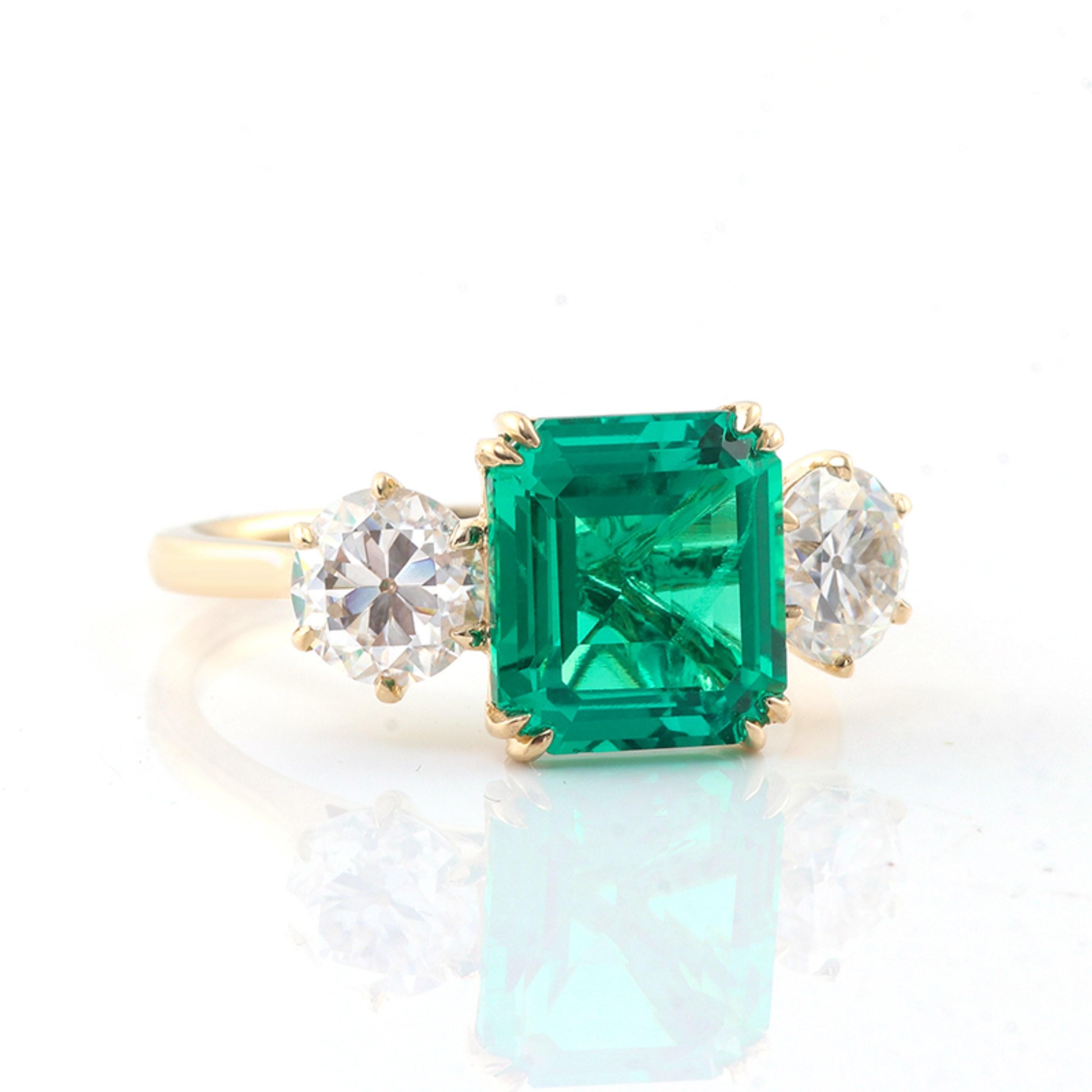 Customizable Certified Emerald and Diamond Yellow Gold Three Stone Ring ...