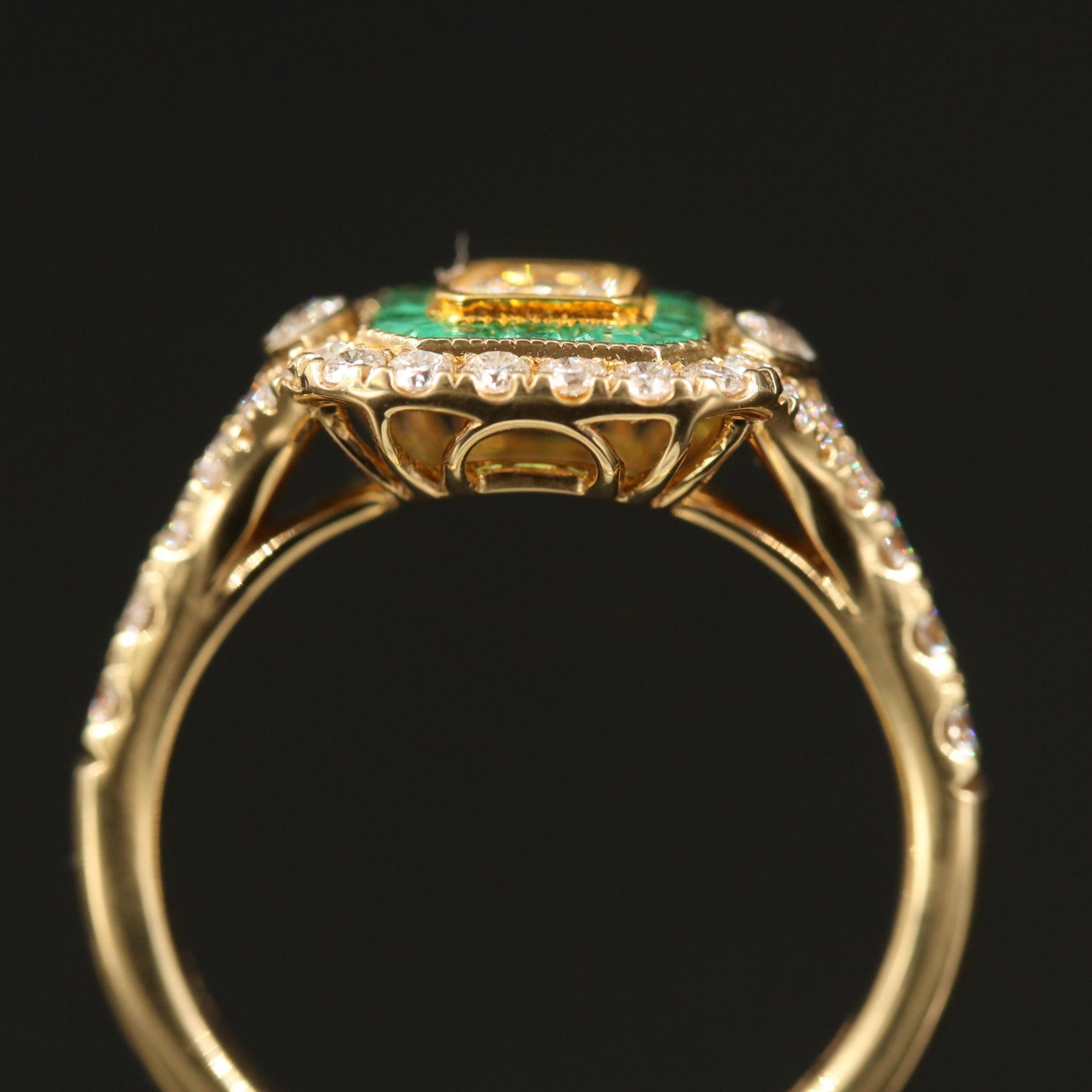 Customizable Certified Vintage 1 Carat Yellow Diamond and Emerald Yellow Gold Cluster Ring For ...