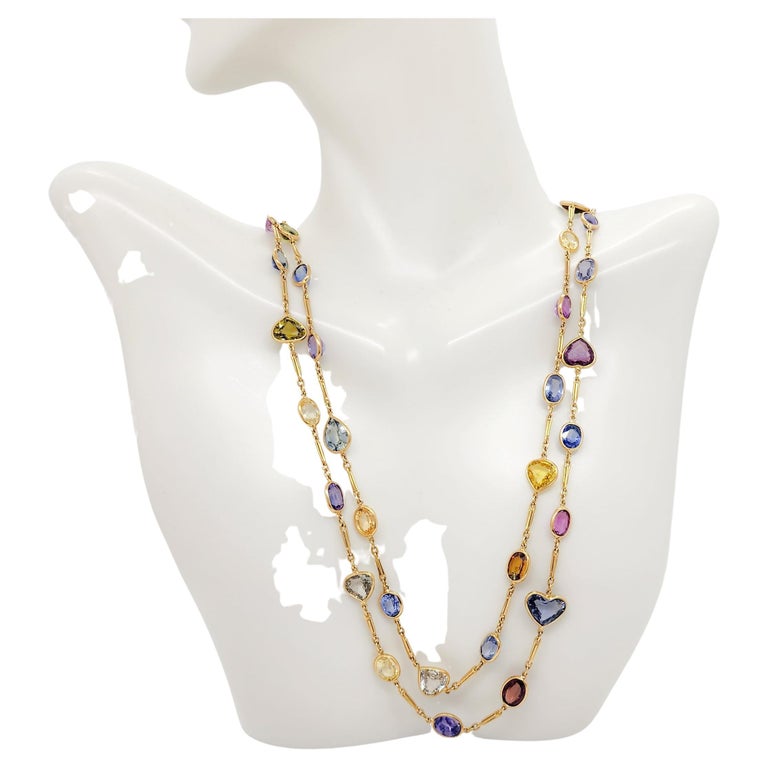 Collier à chaîne en or 18 carats avec saphirs multicolores et ...