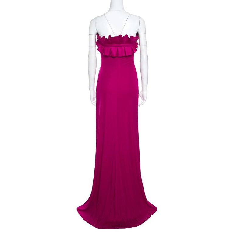 Giambattista Valli Pink Silk Jersey Ruffled Bodice Strapless Gown M At 1stdibs