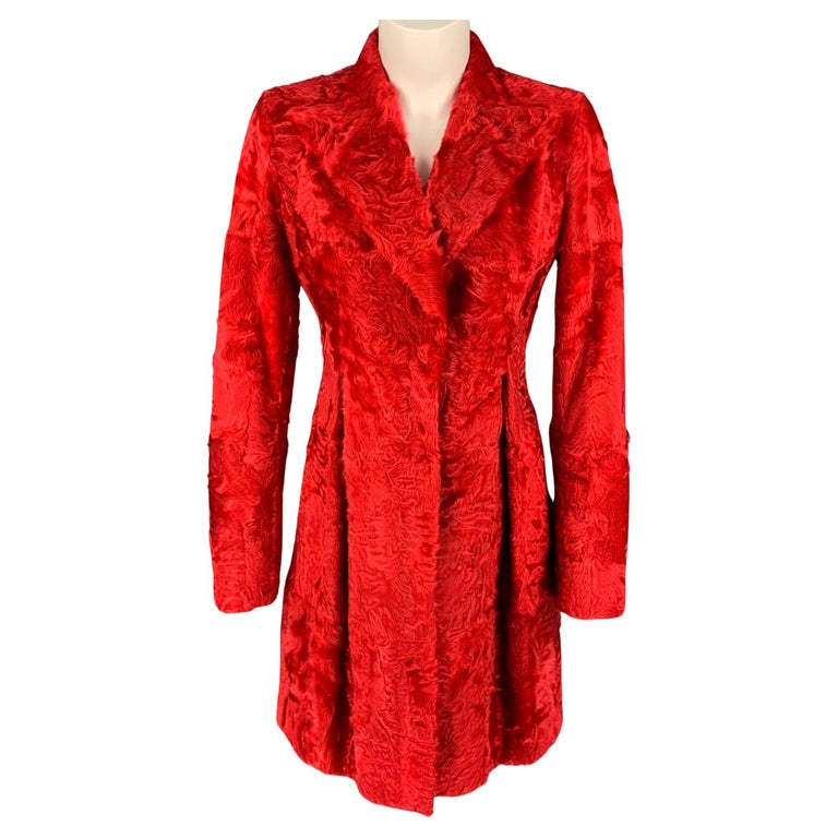 GIAMBATTISTA VALLI Size 6 Red Textured Lamb Shearling Snaps Coat For ...