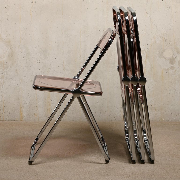 Giancarlo Piretti Plia Set Folding Chairs in Lucite Pink and Chrome for ...