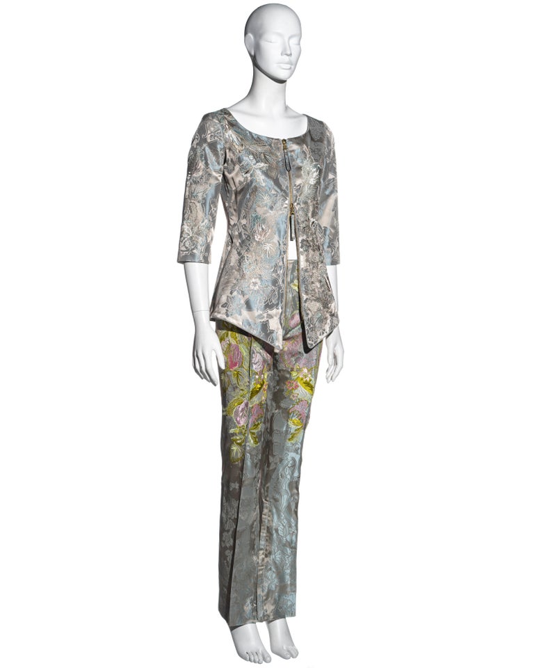 Gianfranco Ferre blue silk jacquard embroidered pant suit, ss 2000 For ...