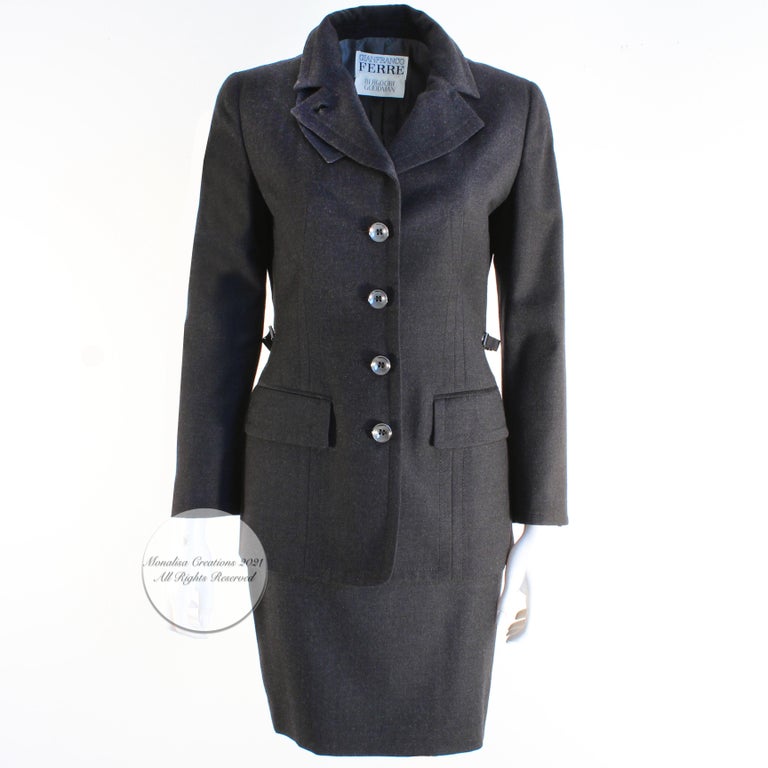 Gianfranco Ferre Jacket Skirt Suit 2pc Military Style Gray Wool Vintage ...
