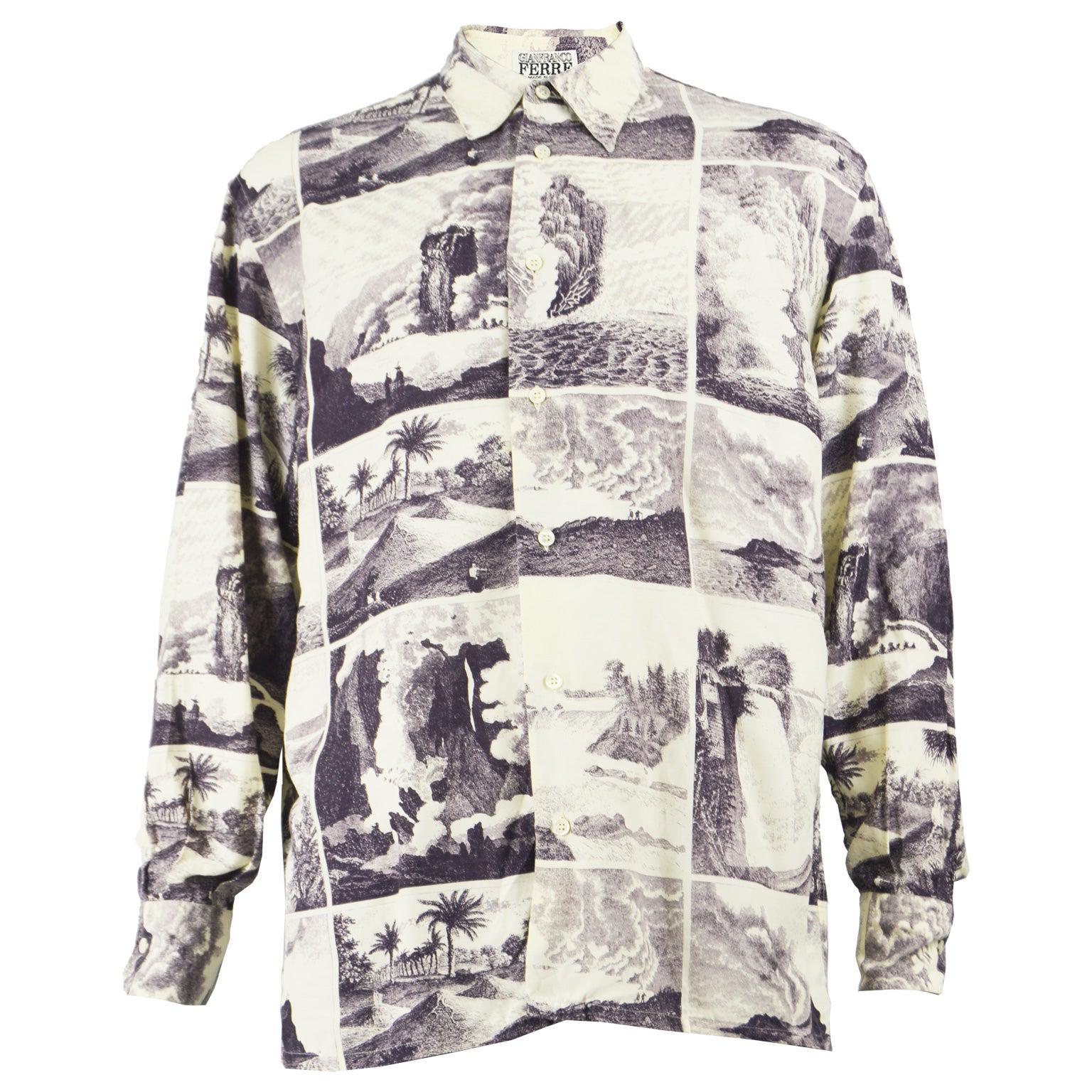 Gianfranco Ferre Men's Vintage Explorer Print Linen and Rayon Long ...