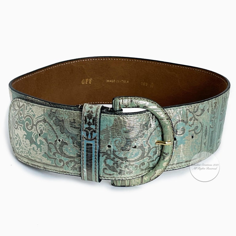Gianfranco Ferre Wide Belt Turquoise Leather Metallic Paisley Vintage ...