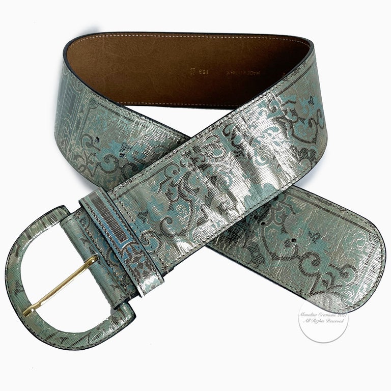 Gianfranco Ferre Wide Belt Turquoise Leather Metallic Paisley Vintage ...